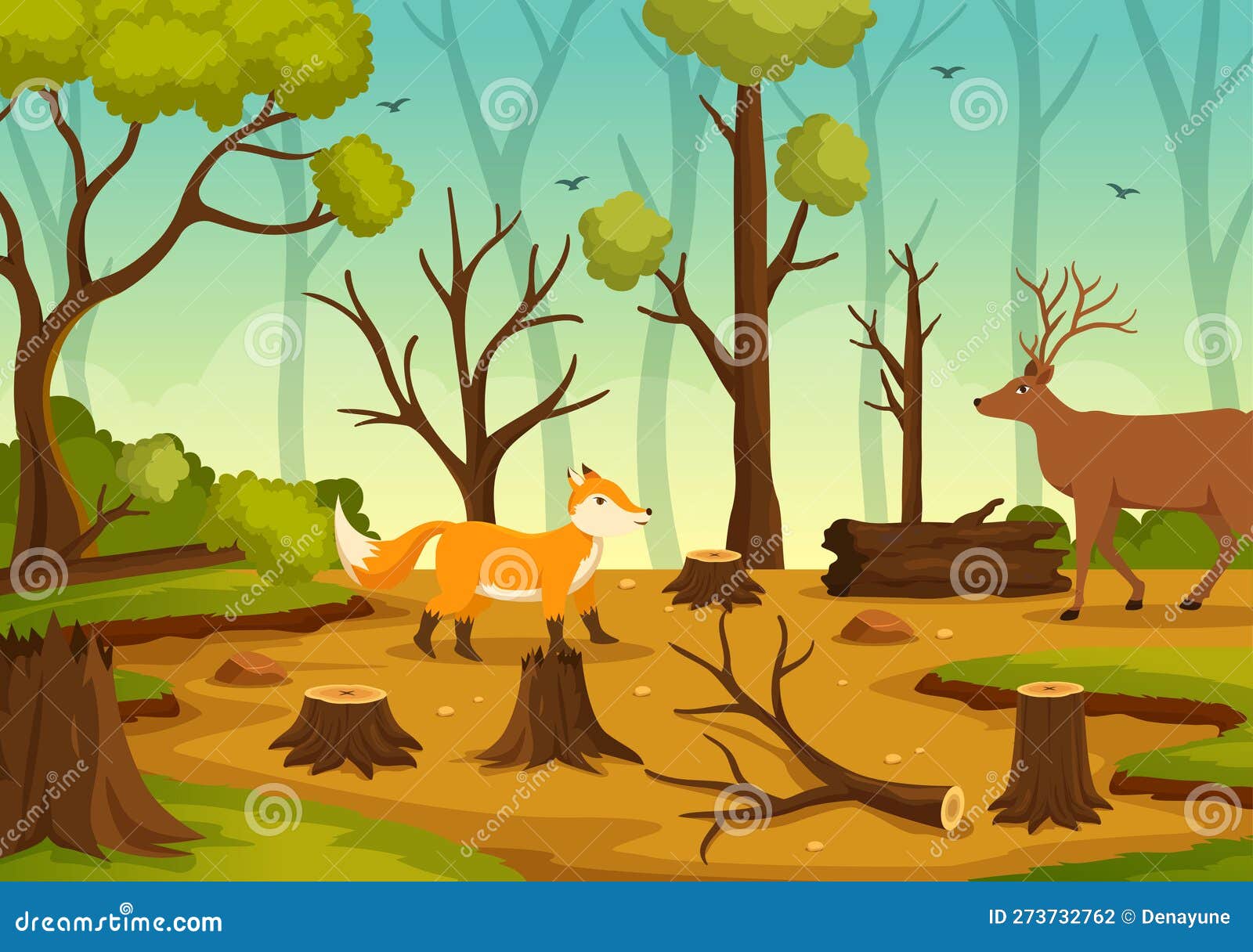 Deforestation Illustration with Tree in the Felled Forest and Burning ...