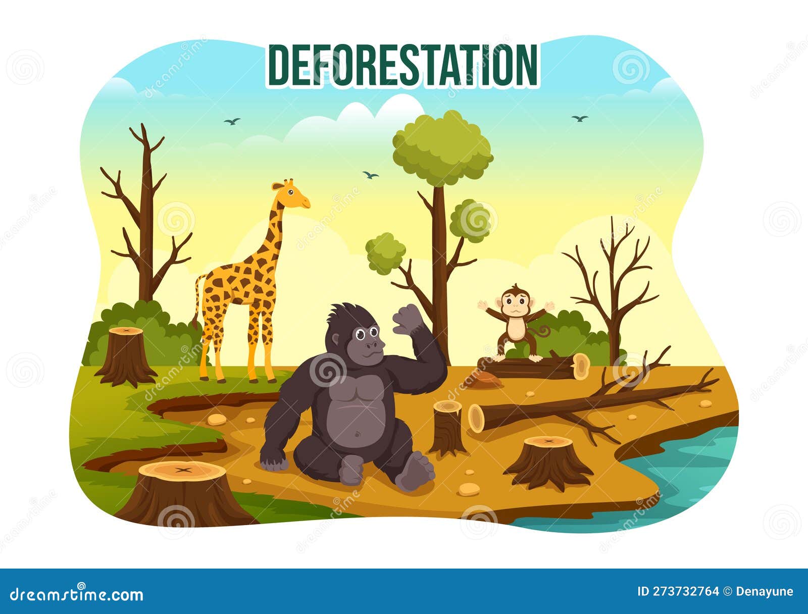 Deforestation Illustration with Tree in the Felled Forest and Burning ...
