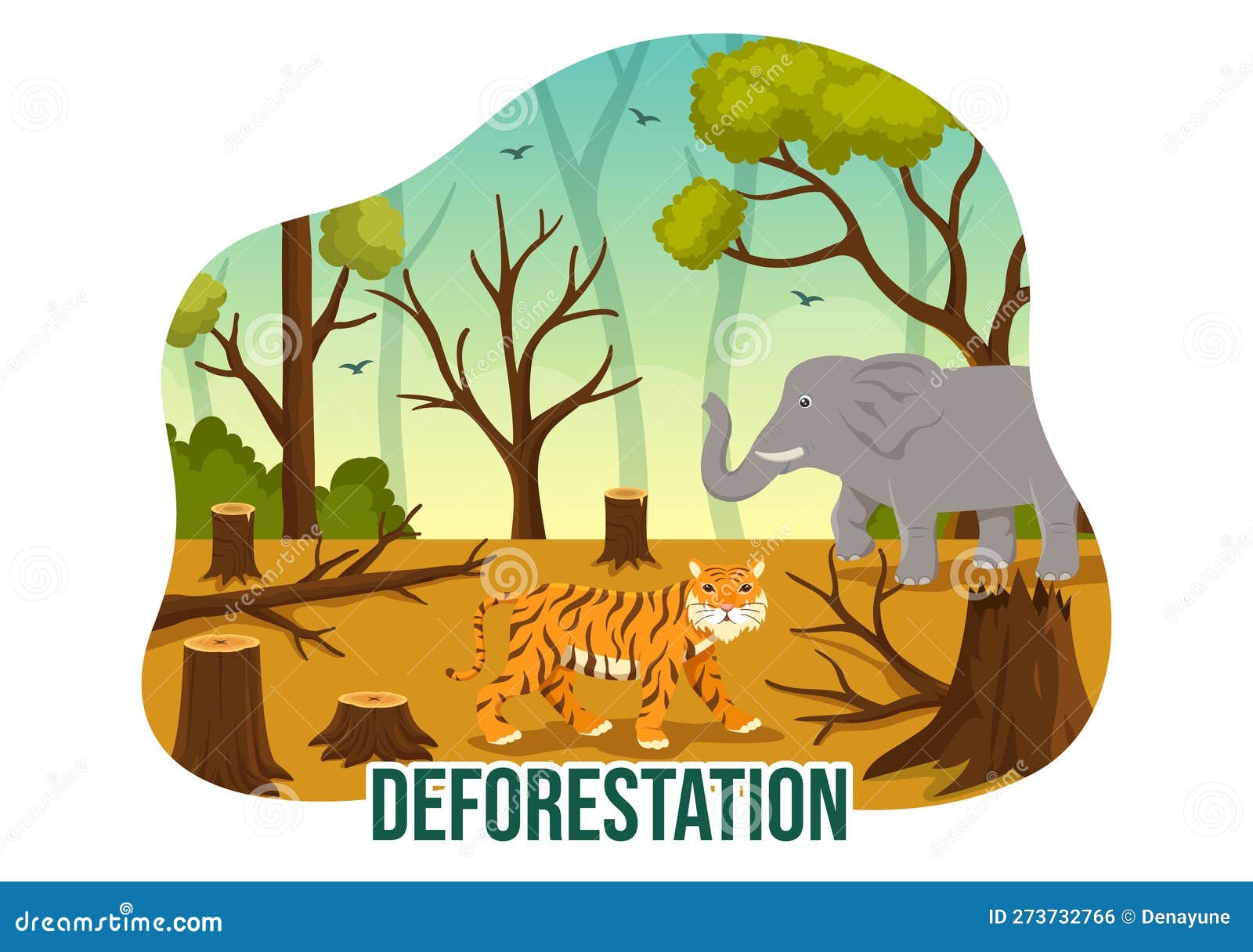Deforestation Illustration with Tree in the Felled Forest and Burning ...
