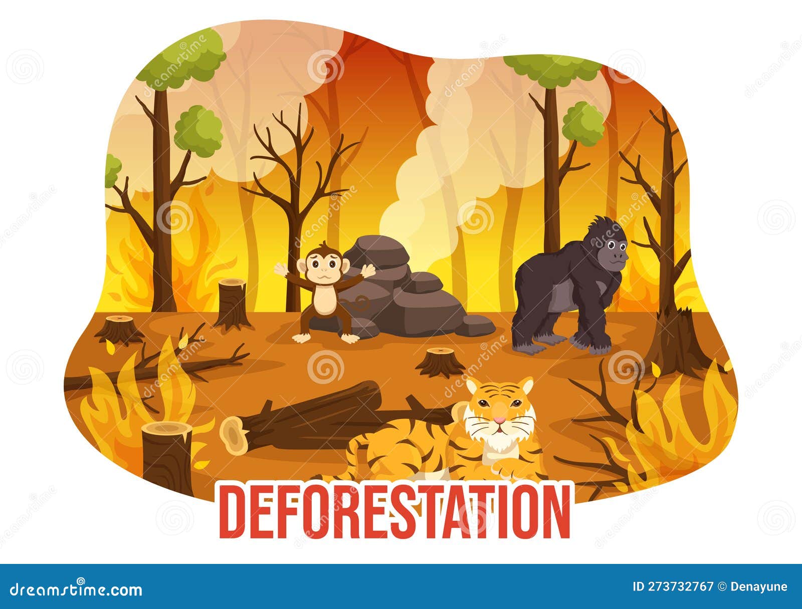 Deforestation Illustration With Tree In The Felled Forest And Burning ...