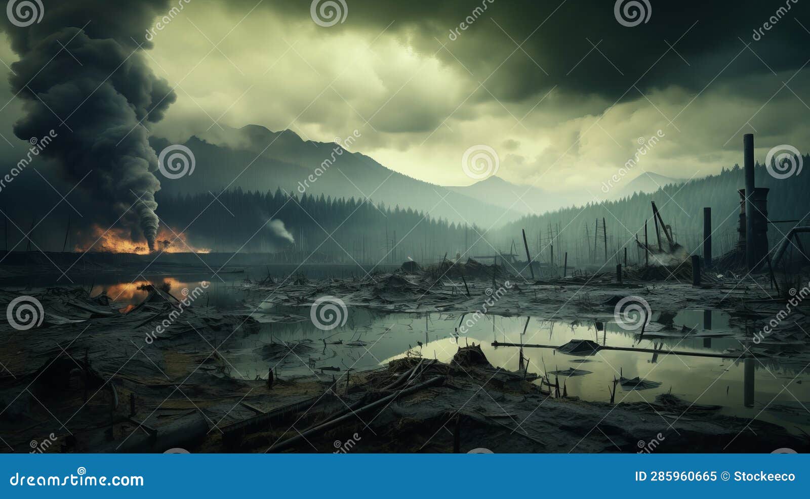 Post-apocalyptic Valley: a Ruined Landscape with Mountains and Smoke ...