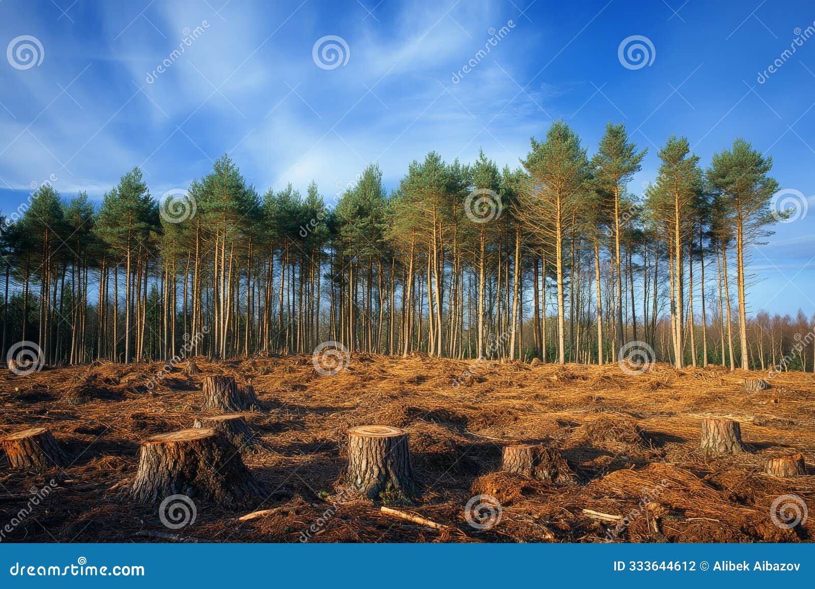 Deforestation Impact - Forest of Tall Pine Trees with Tree Stumps Under ...