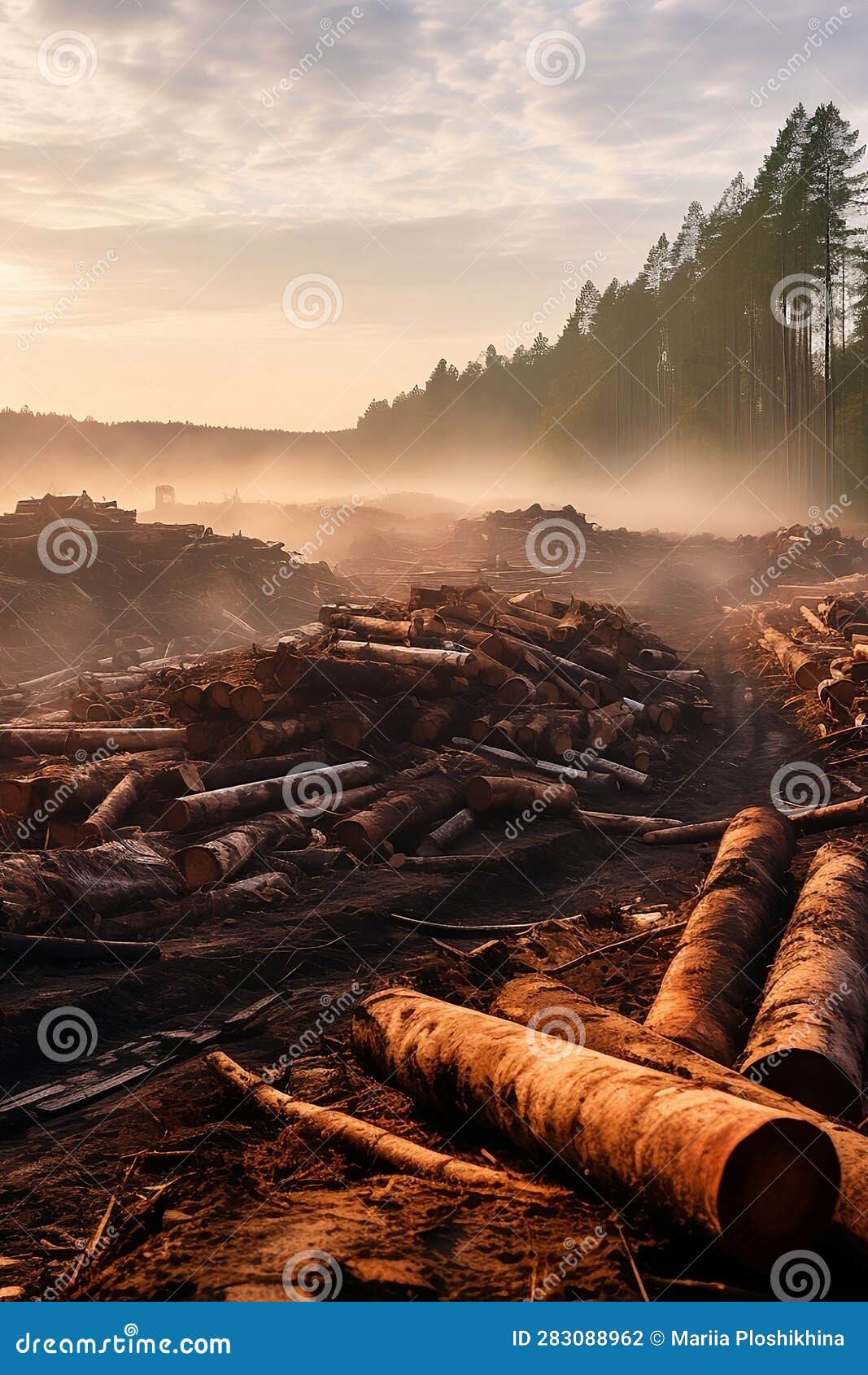 Deforestation. Many Trees Cutted on the Ground by Forest. Generative AI ...
