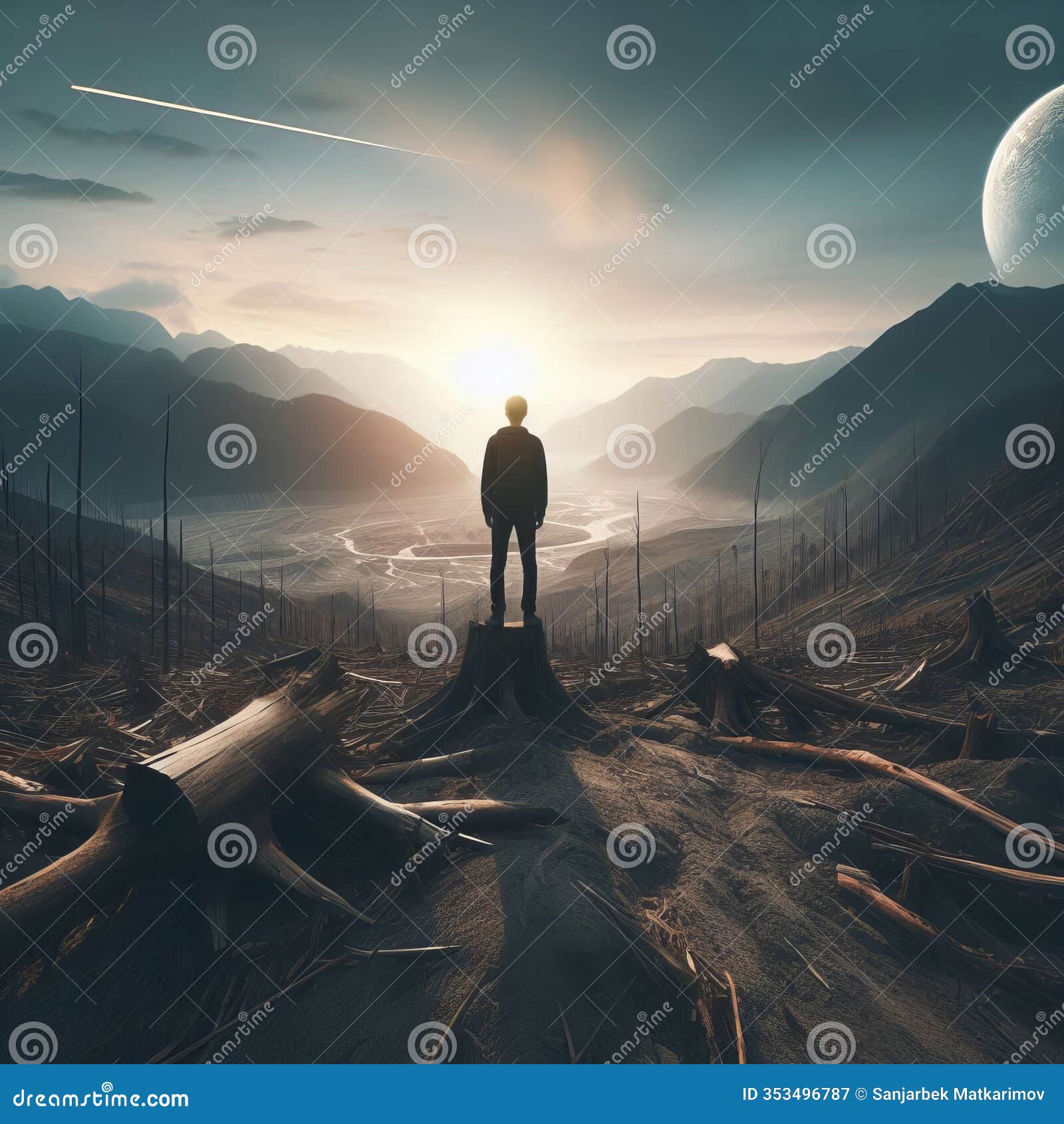 Deforestation a Person Standing in a Barren Landscape Highlighti Stock ...