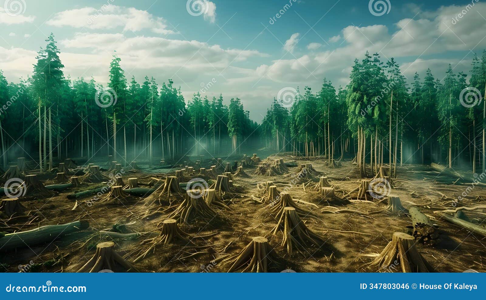 Deforestation in a Pine Forest with a Misty Morning Illustration Stock ...