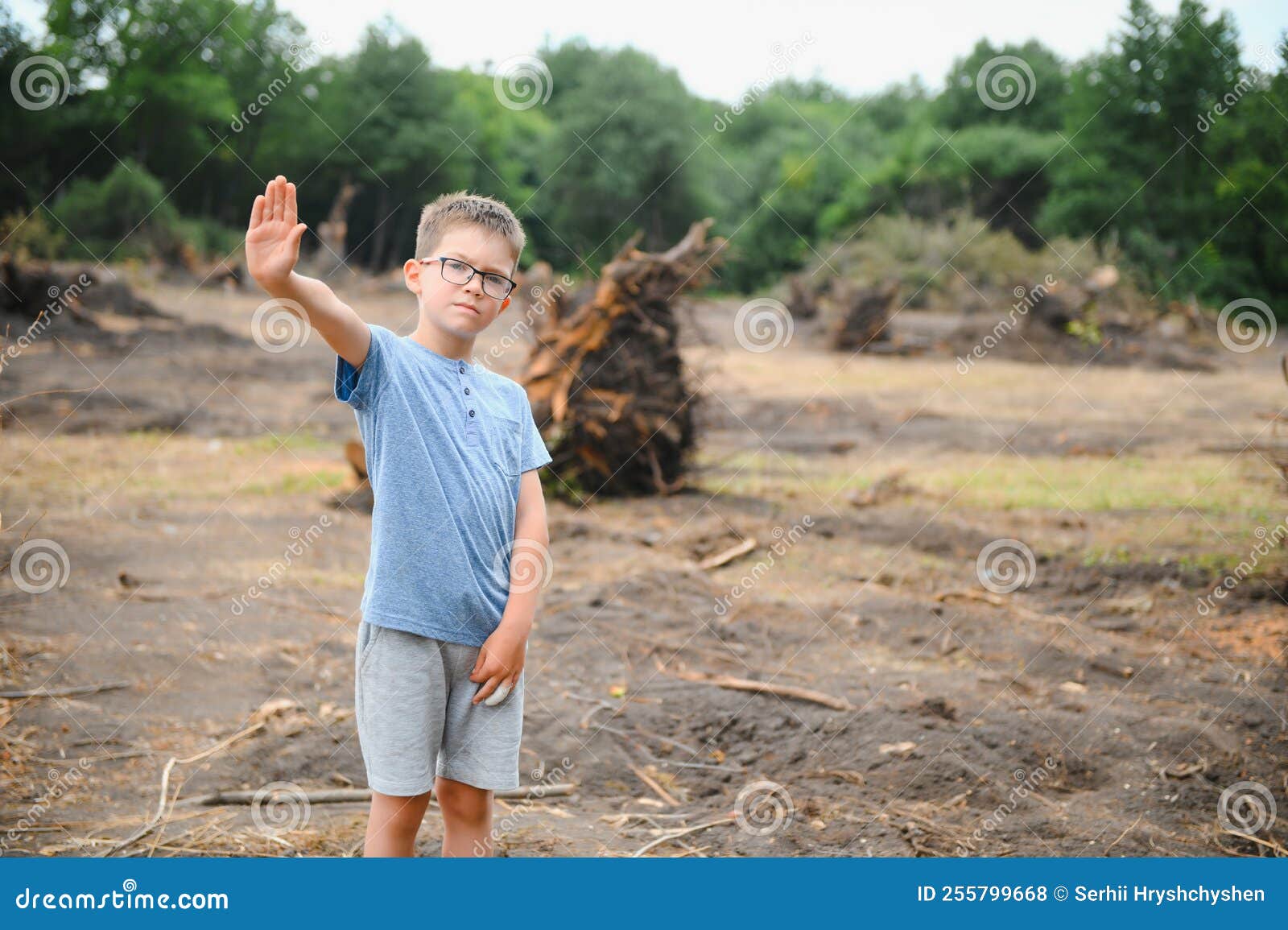 Deforestation a Sad Boy Stands in the Middle of a Cut Forest. Stock ...