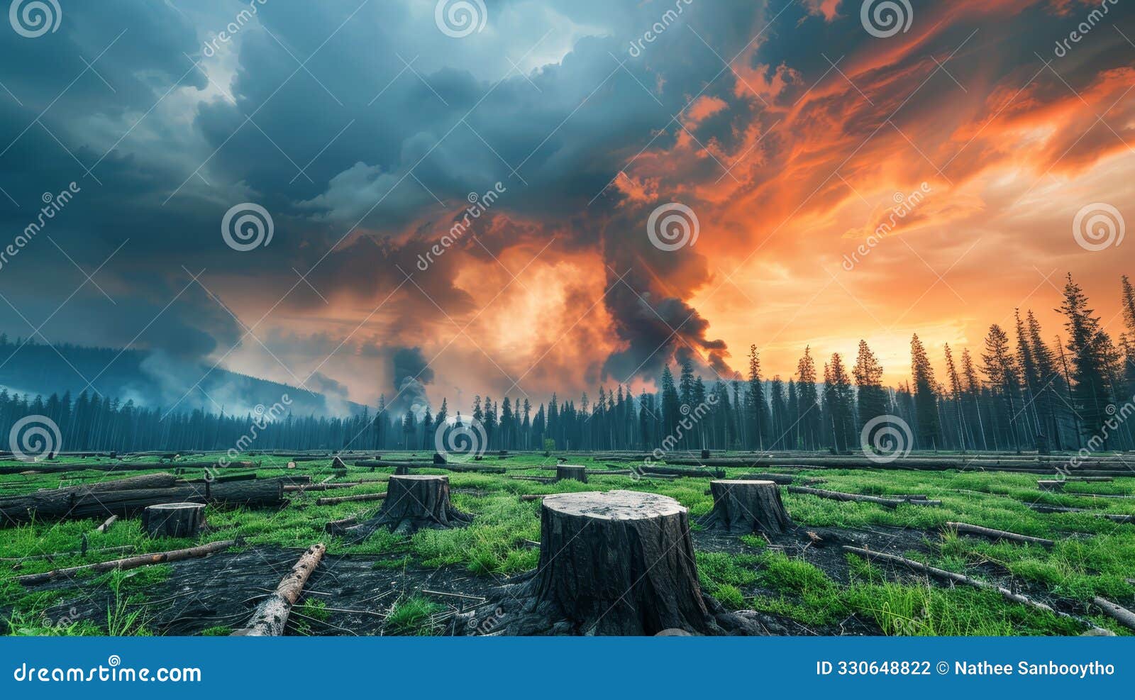 Deforestation Scene with Dramatic Sky and Wildfire Stock Illustration ...