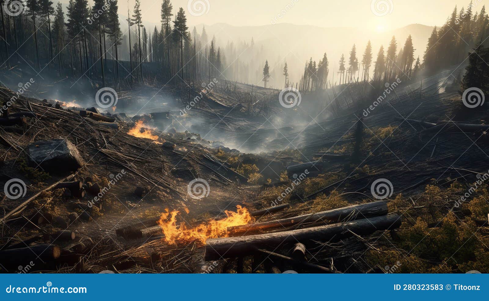 Deforestation of Trees by Fire and Logging Stock Illustration ...