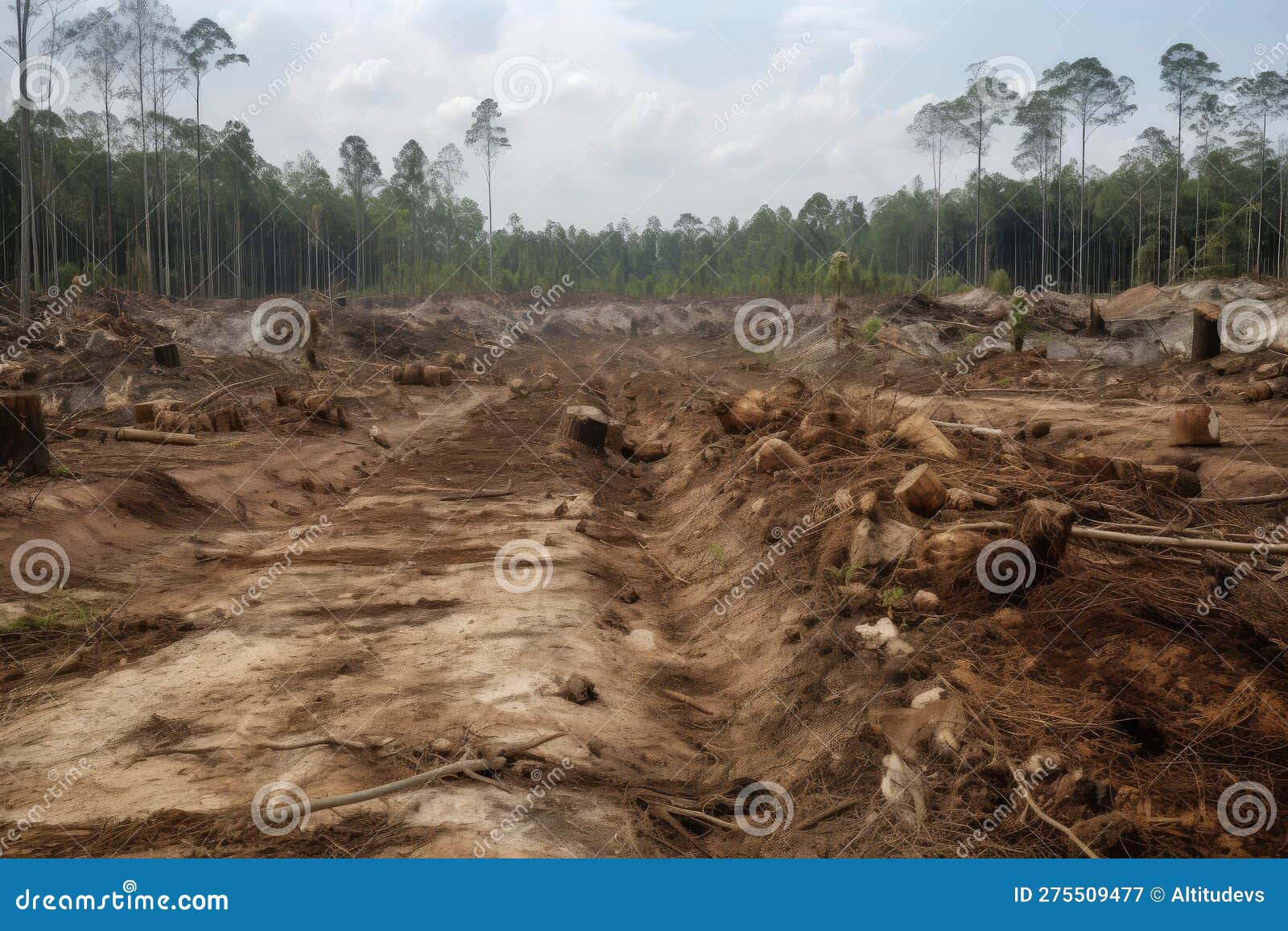 Deforested Area with Barren Soil and Scattered Debris, Surrounded by ...