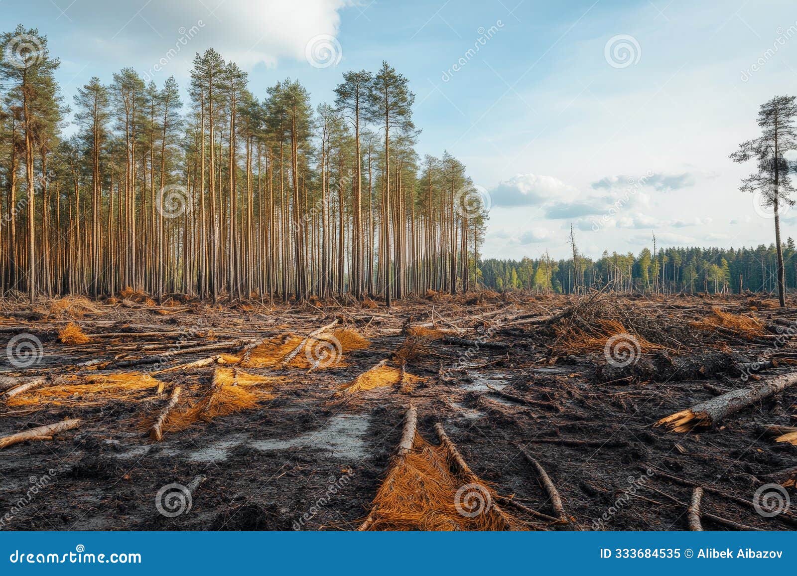 Deforested Area with Pine Trees and Clear Sky - Environmental Impact ...