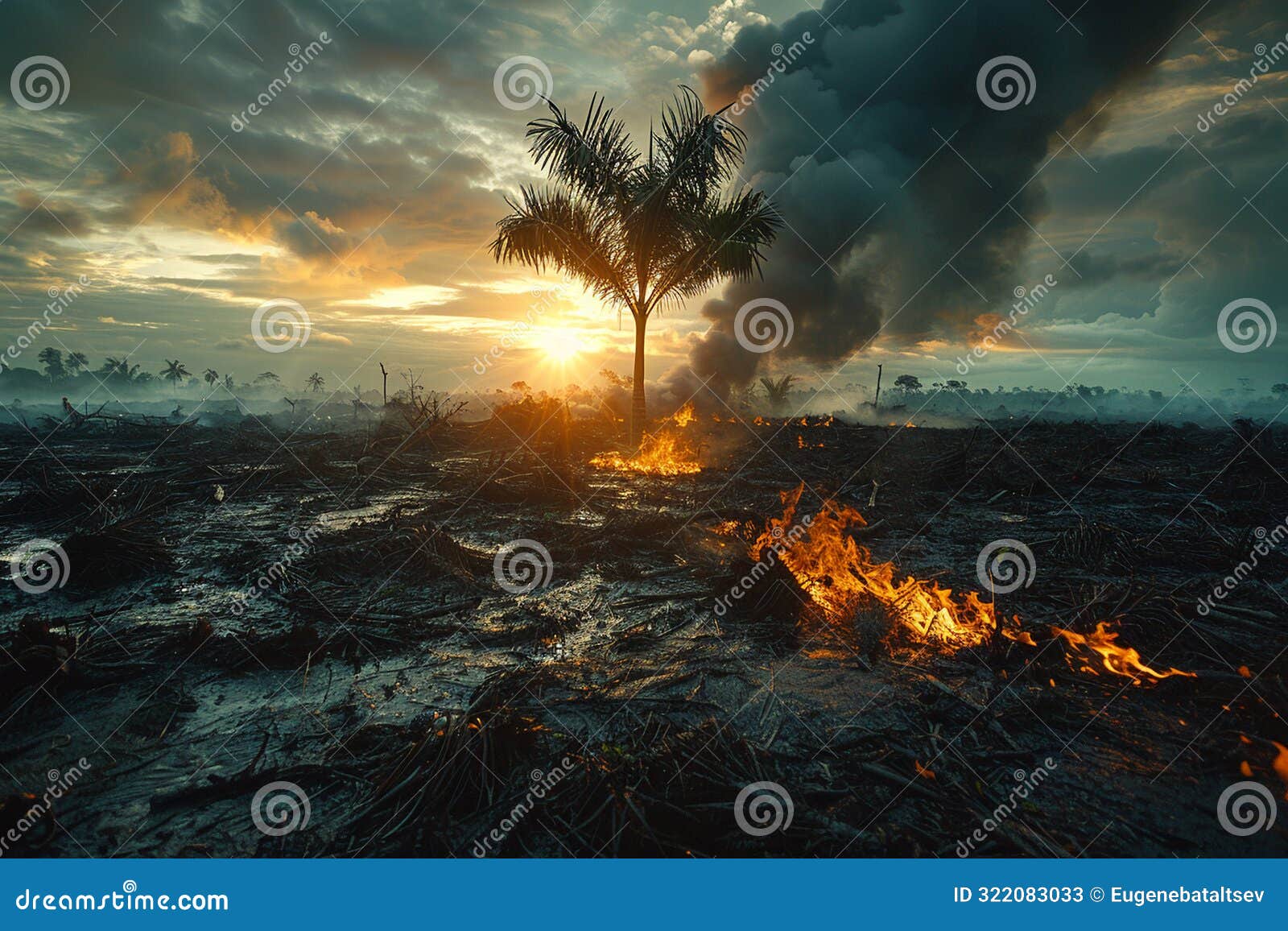 Deforested Landscape with Burning Tree. Deforestation Concept ...