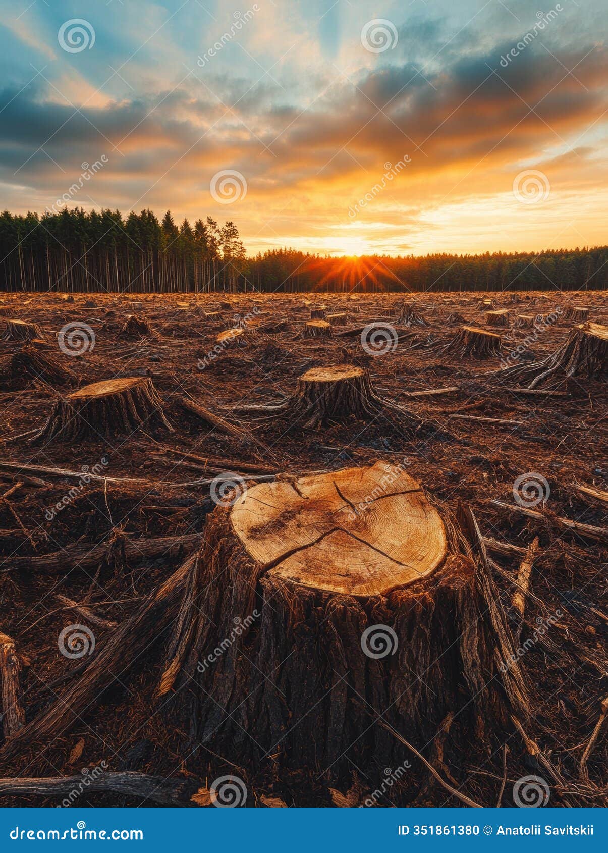 Deforested Landscape at Sunset with Numerous Tree Stumps and a Backdrop ...