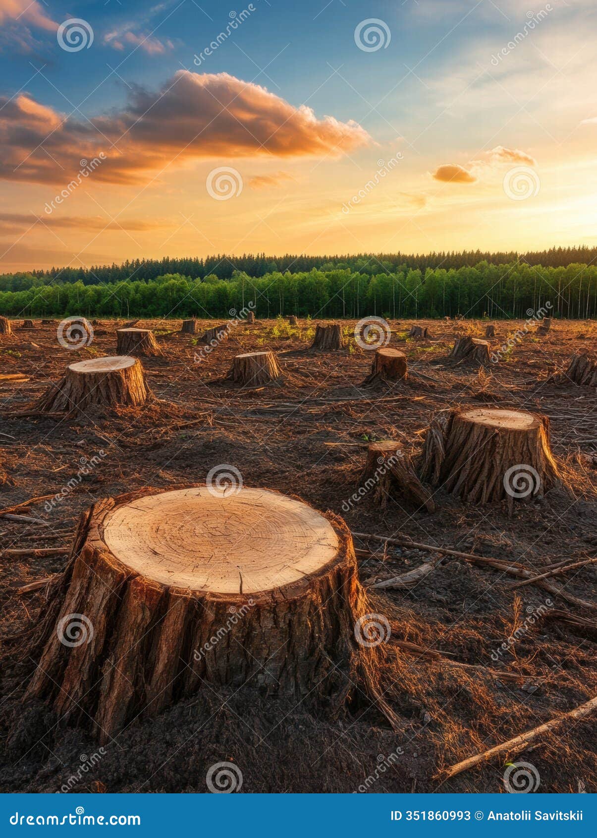 Deforested Landscape with Tree Stumps at Sunset Highlighting the Impact ...