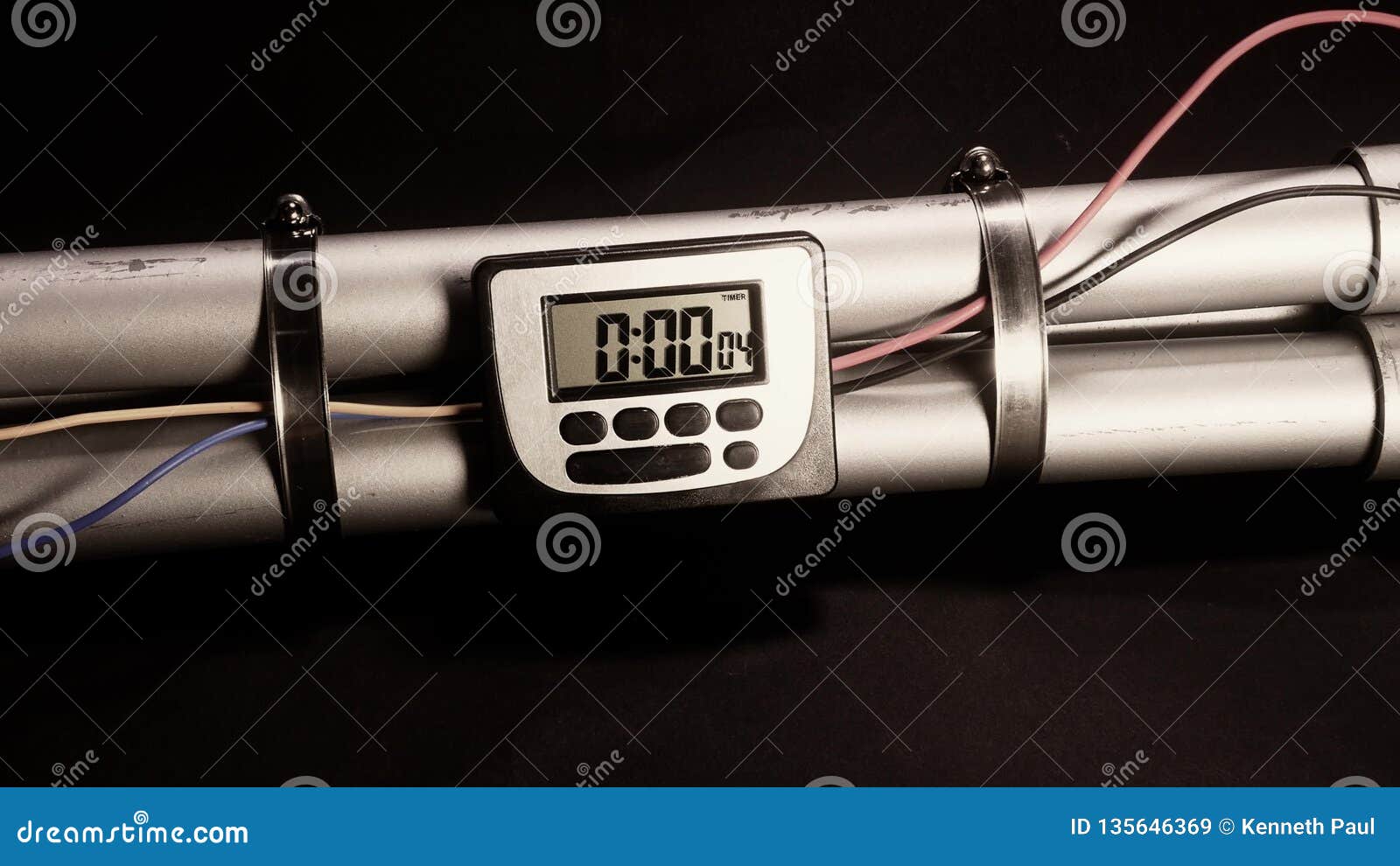 Pipe Bomb with an Clock Timer To Trigger Detonation on Black Background ...