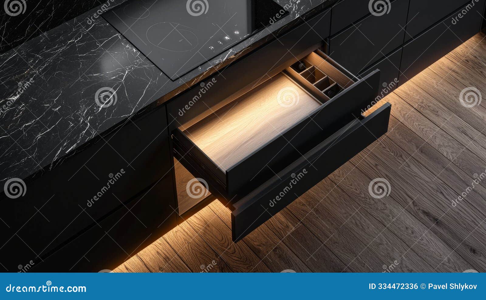 45-degree Angled Top-down View, Open Kitchen Drawer, Empty Drawer, Dark ...