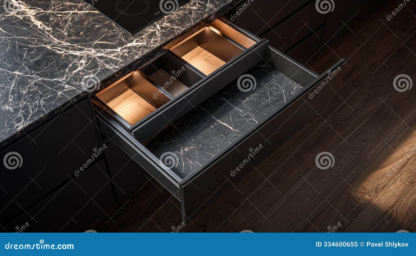 45-degree Angled Top-down View, Open Kitchen Drawer, Empty Drawer, Dark ...