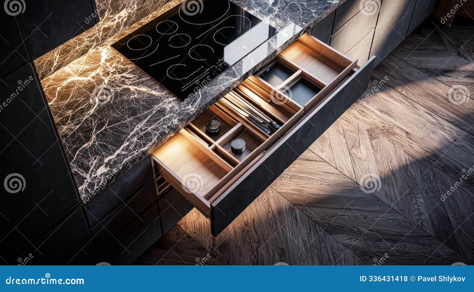 45-degree Angled Top-down View, Open Kitchen Drawer, Empty Drawer, Dark ...
