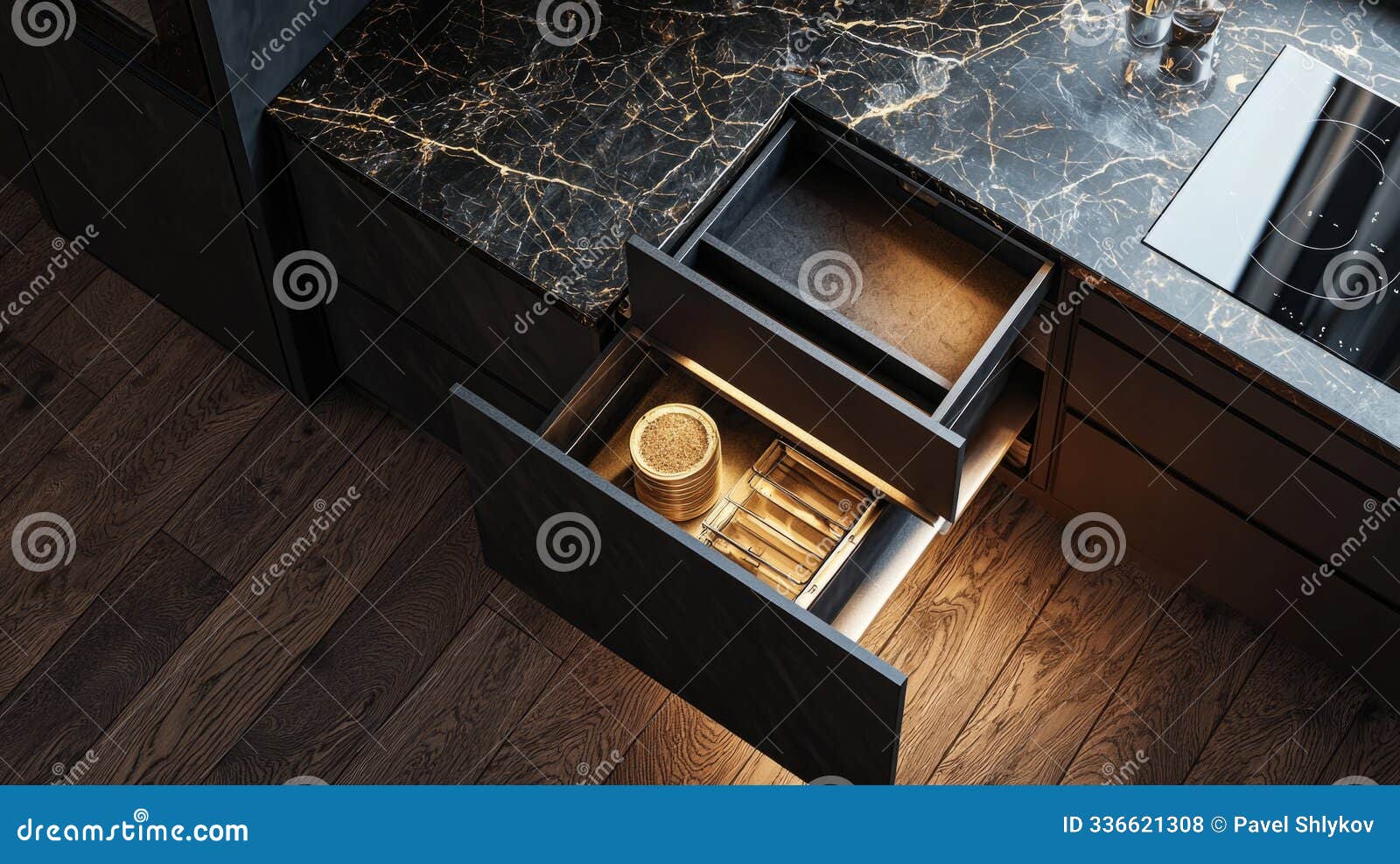 45-degree Angled Top-down View, Open Kitchen Drawer, Empty Drawer, Dark ...