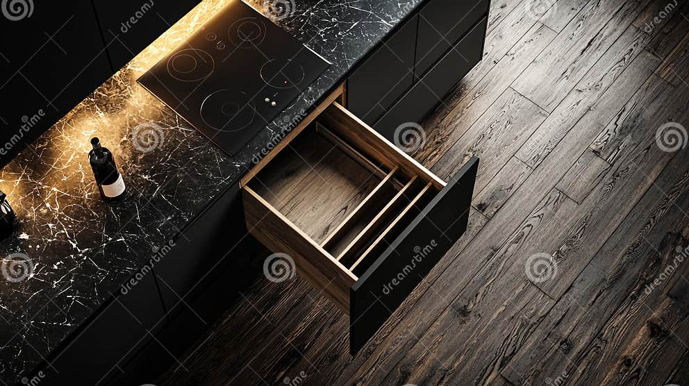 45-degree Angled Top-down View, Open Kitchen Drawer, Empty Drawer, Dark ...