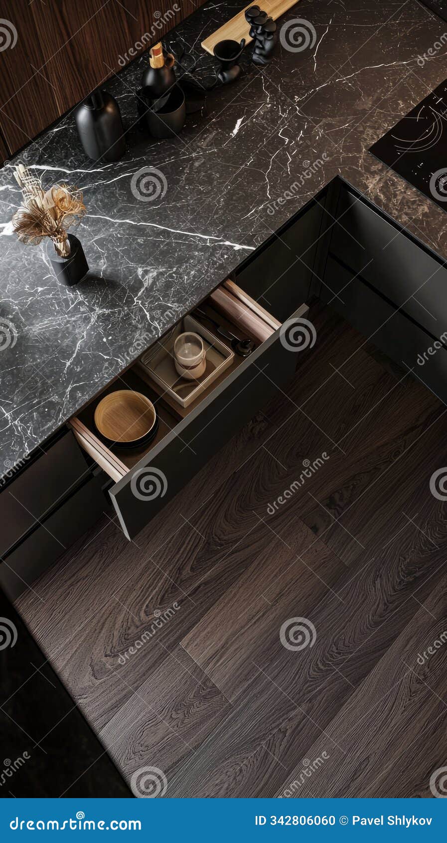 45-degree Angled Top-down View, Open Kitchen Drawer, Empty Drawer, Dark ...