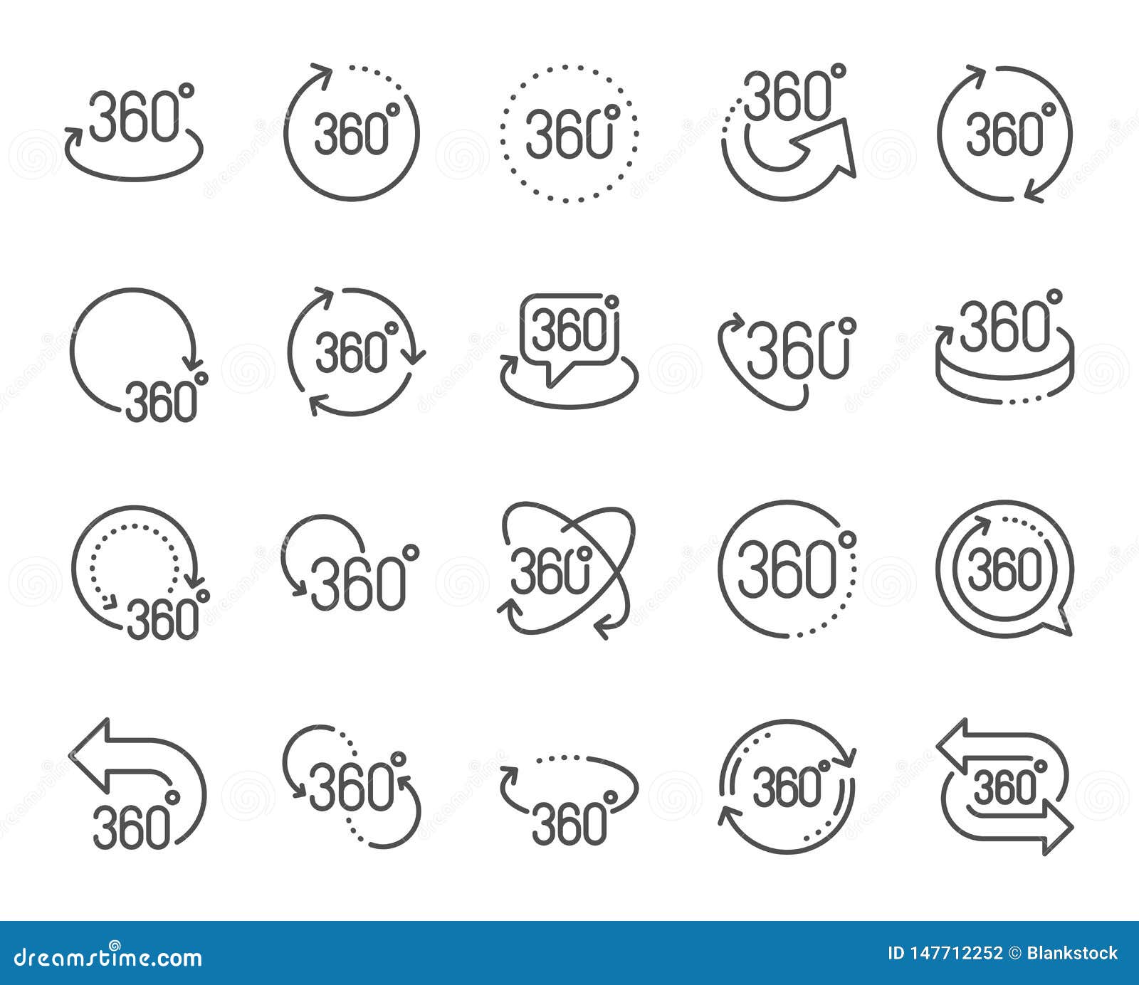 360 Degree Line Icons. Rotate Arrow, VR Panoramic Simulation. Vector ...