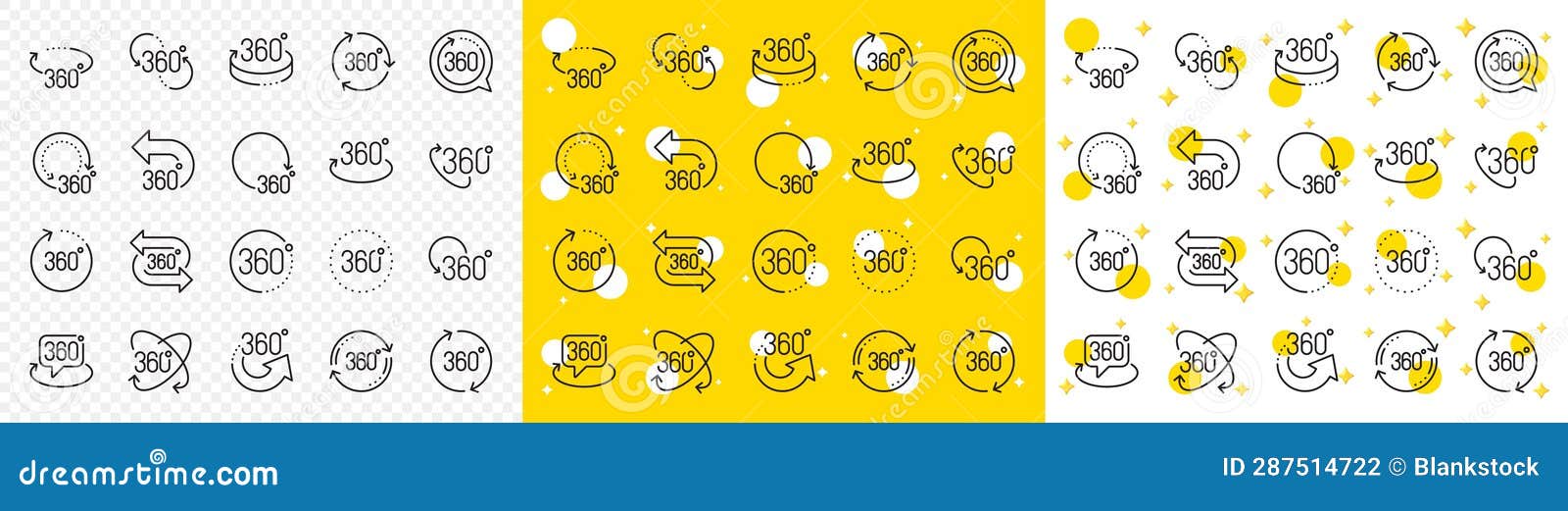 360 Degree Line Icons. Rotate Arrow, VR Panoramic Simulation. Vector ...