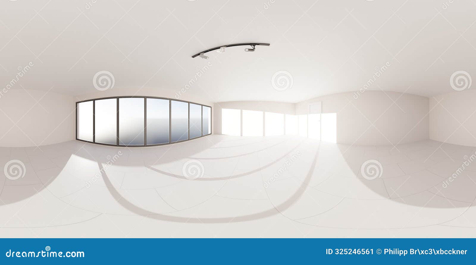 360 Degree Panorama of a Modern, Empty Room with Large Windows and ...