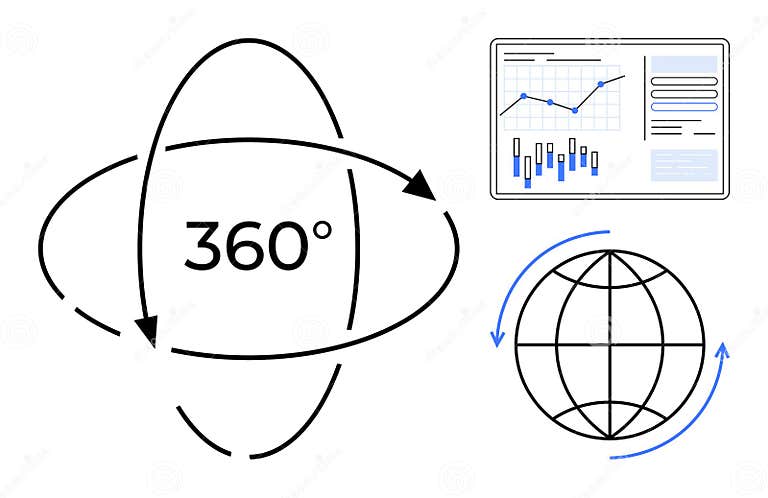 360-degree View Concept with Rotating Globe, Data Visualization Graph ...