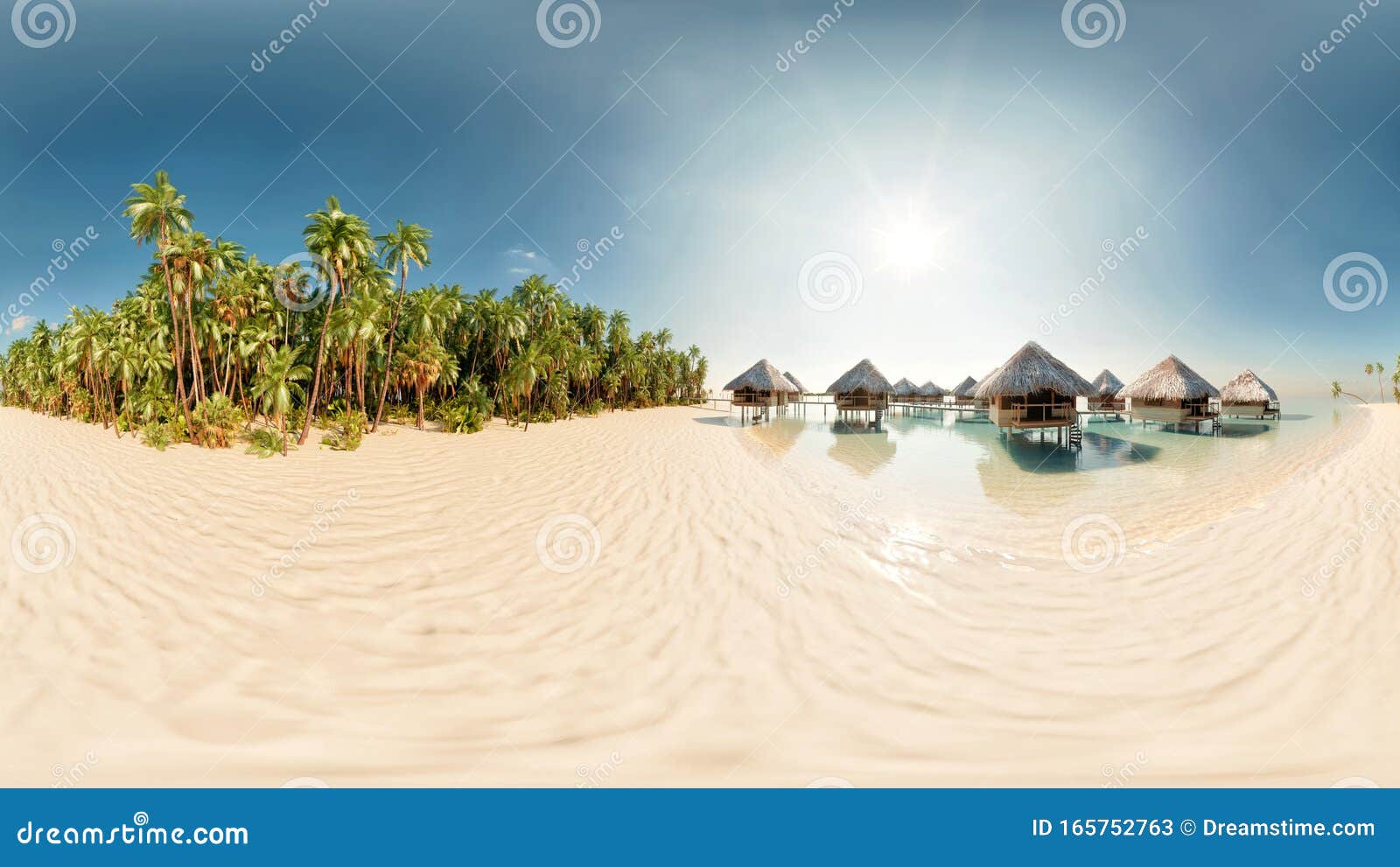 360 Degree View of Palm Island with Bungalows and Leaning Palms 3d ...