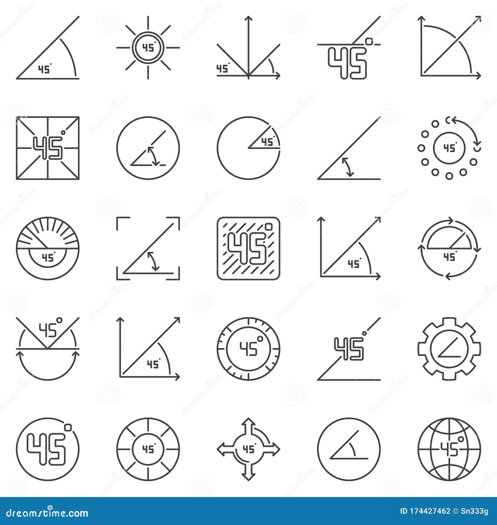 45 Degrees Angle Outline Icons Set. Vector 45 Degree Symbols Stock ...