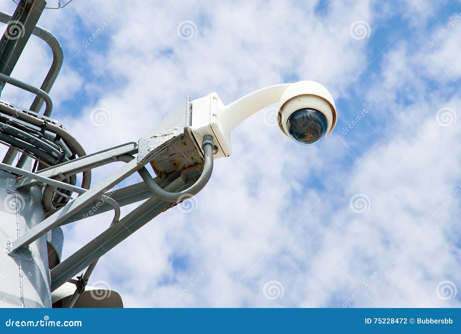 360 Degrees Surveillance Camera on Blue Sky Background Closeup.Security ...