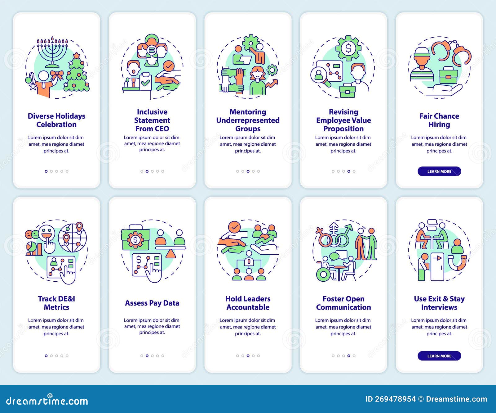 DEI Programs for Workplace Onboarding Mobile App Screens Set Stock ...