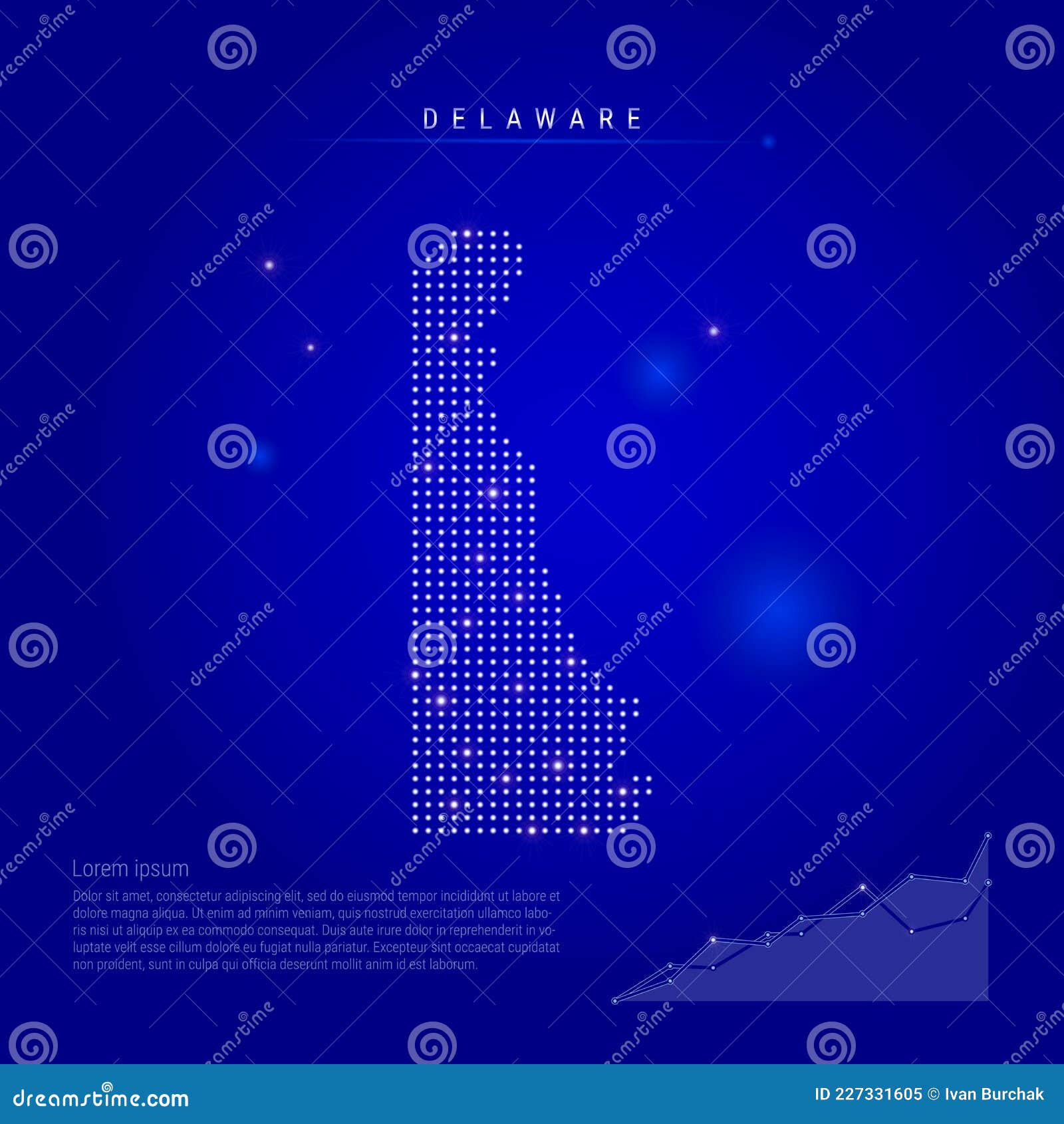 Delaware US State Illuminated Map with Glowing Dots. Dark Blue Space ...