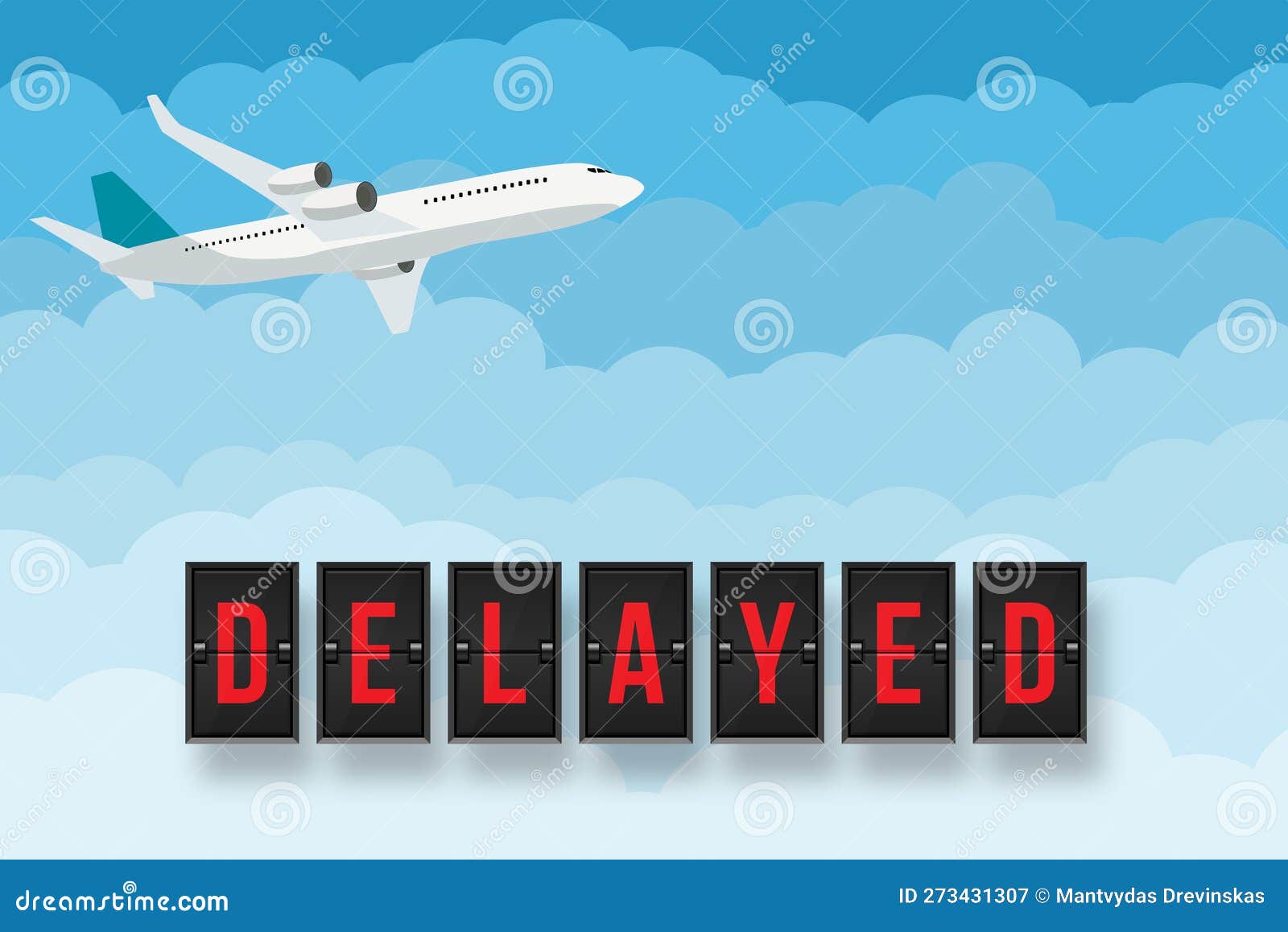 Delayed Flight Text with Flying Plane in the Sky Stock Illustration ...