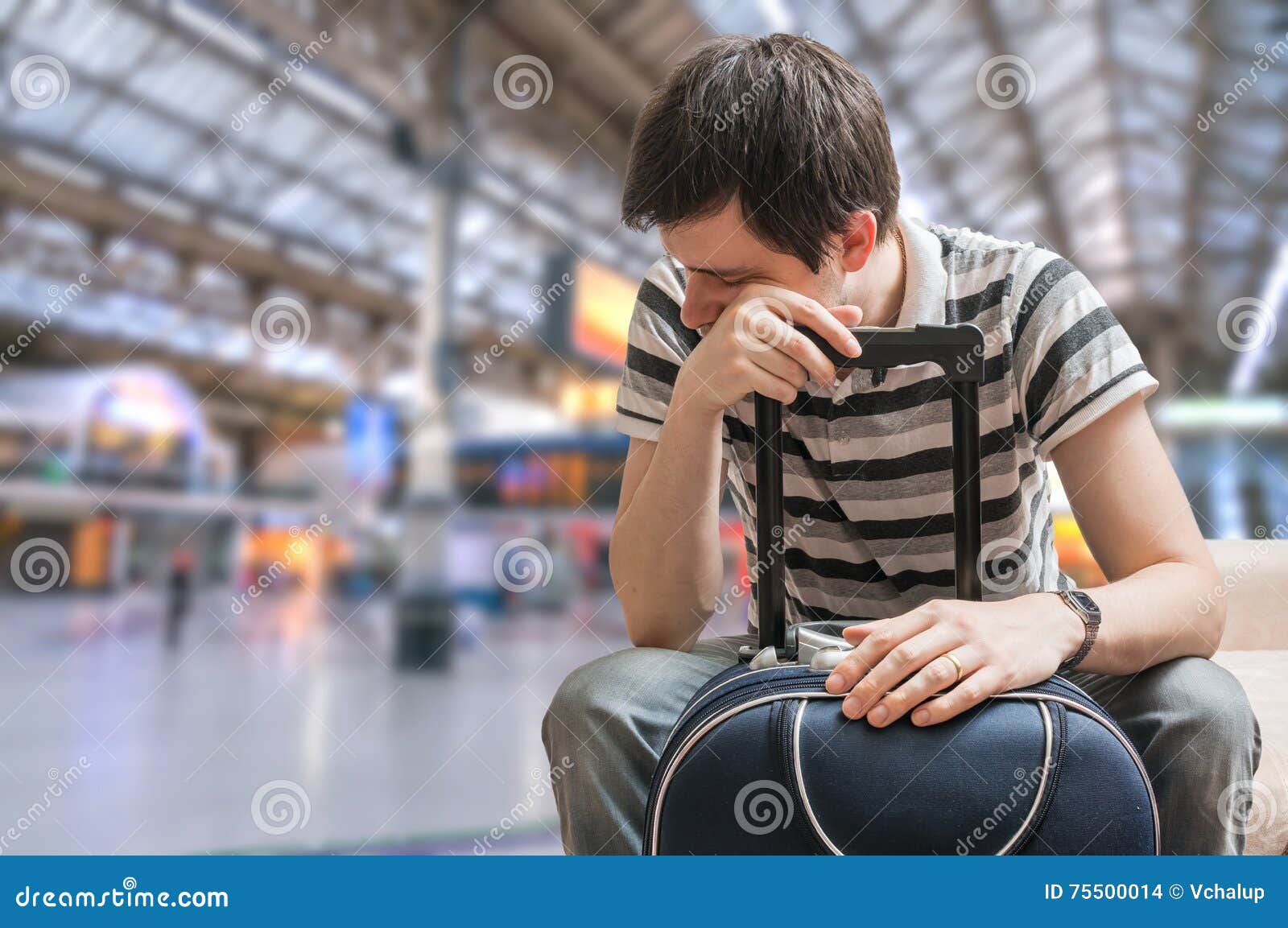 Delayed Train Concept. Tired Passenger is Sitting in Train Station ...