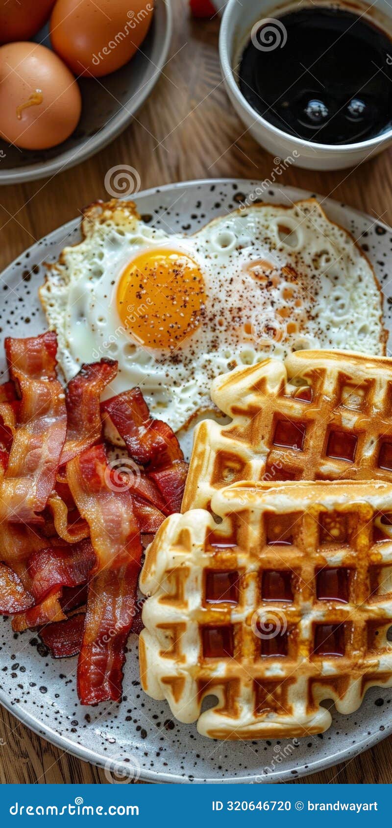 Delectable Breakfast Spread of Bacon, Eggs, and Waffles Stock ...