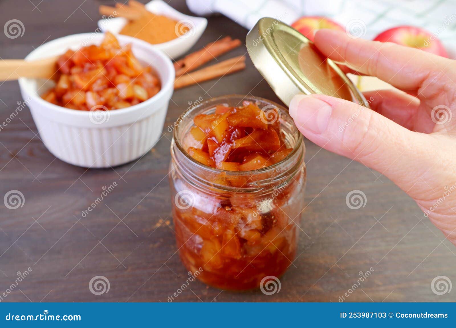 Homemade Caramelized Apple Cinnamon Compote Being Stored in Glass Jar ...