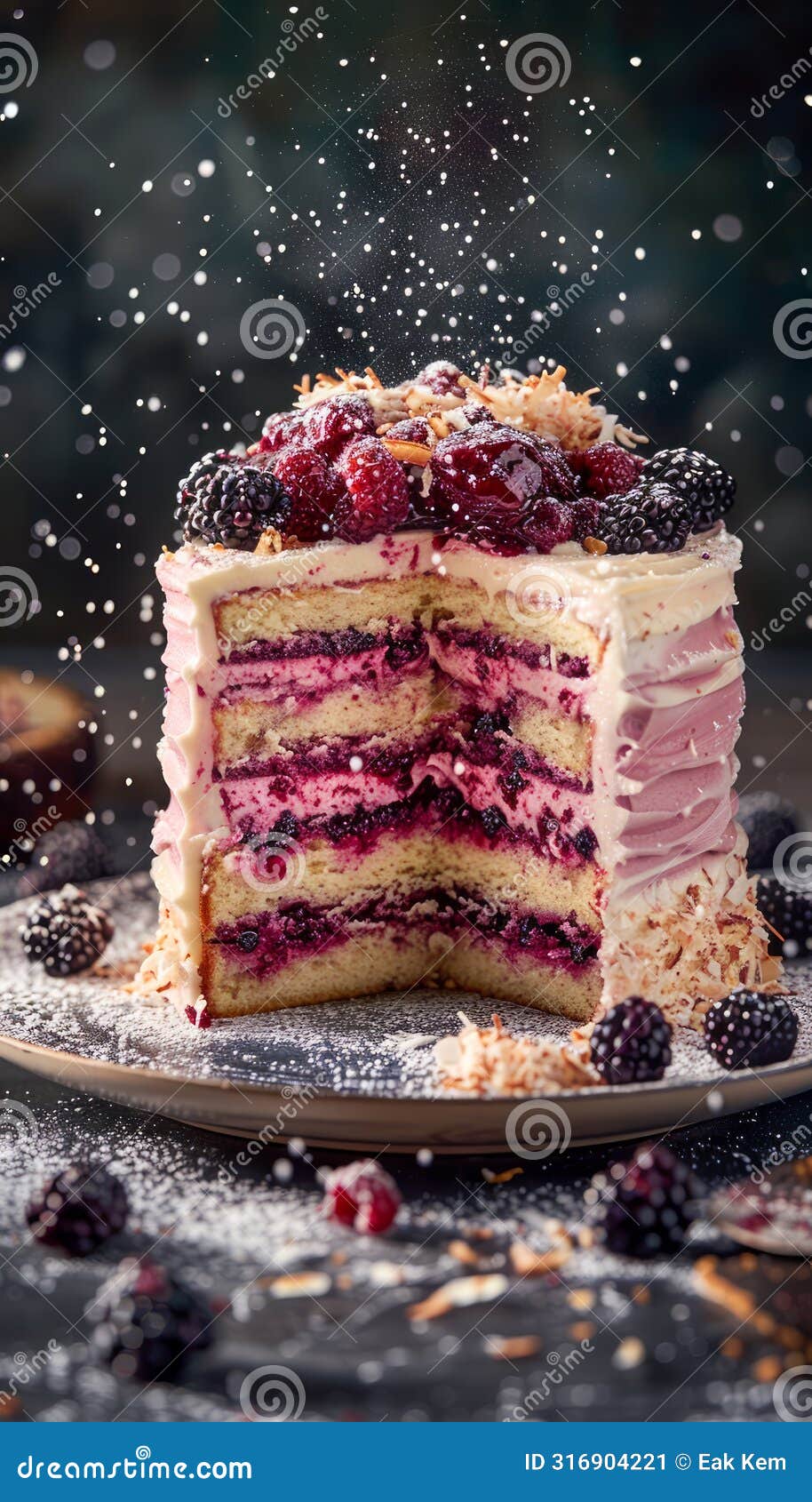 Delectable Layered Berry Cake with Icing and Fresh Fruit Toppings ...