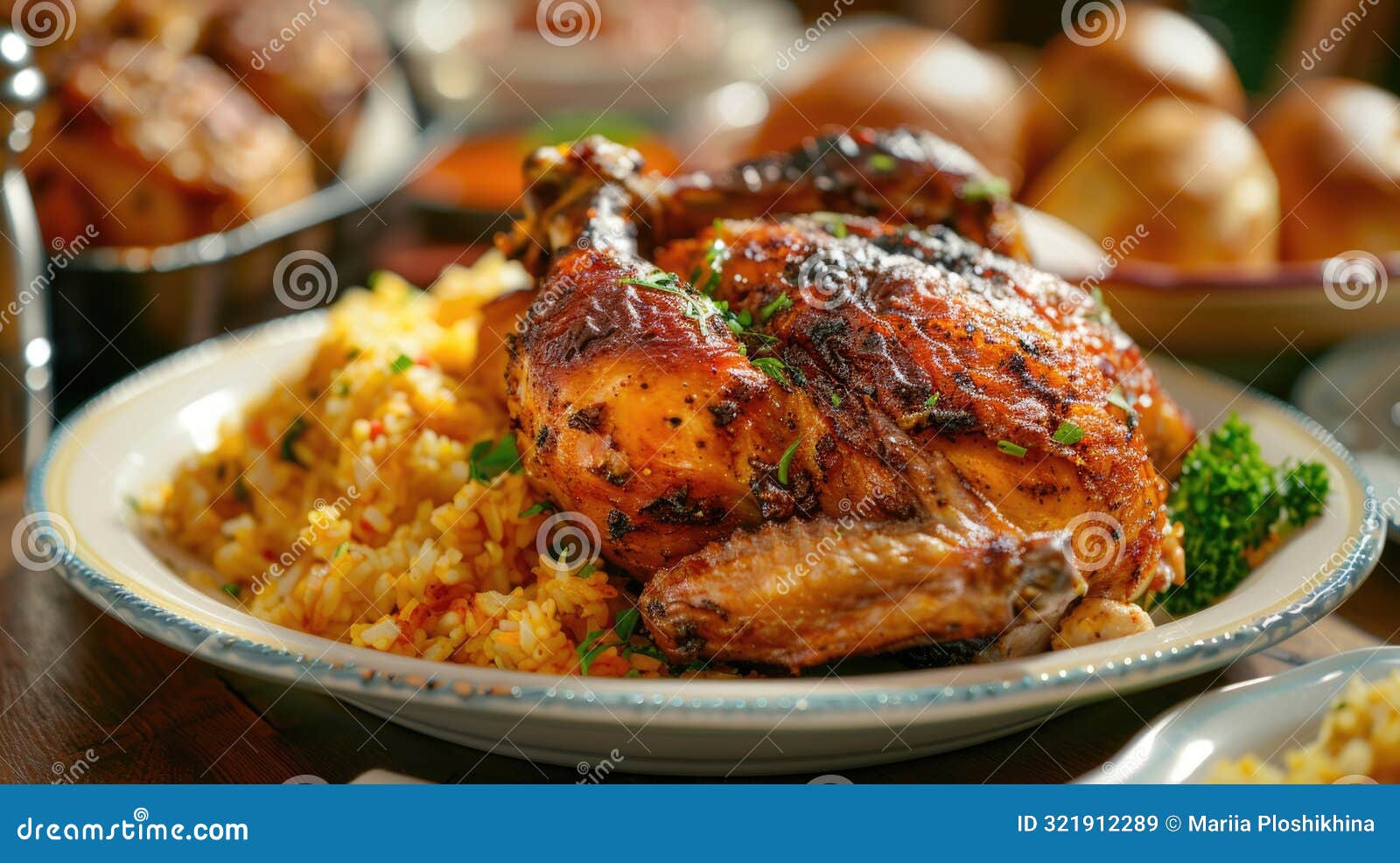 Delectable Roasted Chicken Quarter Served with Seasoned Rice Stock ...