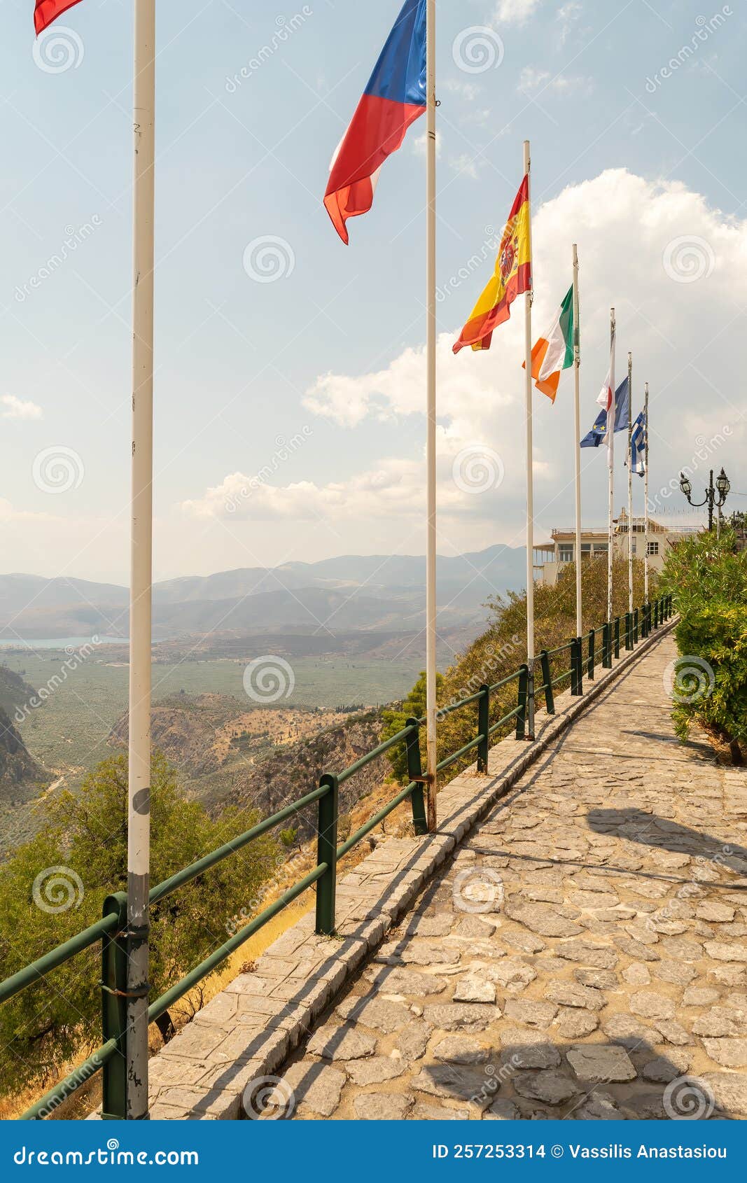 Delfoi Road in Greece with Flags from Countries. Stock Photo - Image of ...