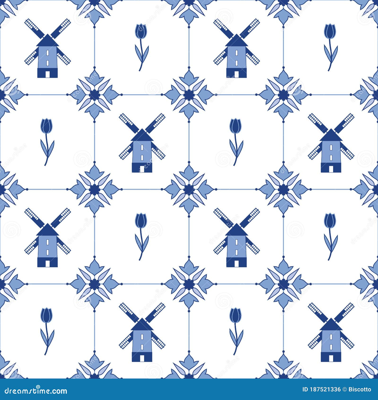 Delftware Decorative Seamless Pattern with Tulips and Windmills. Vector ...