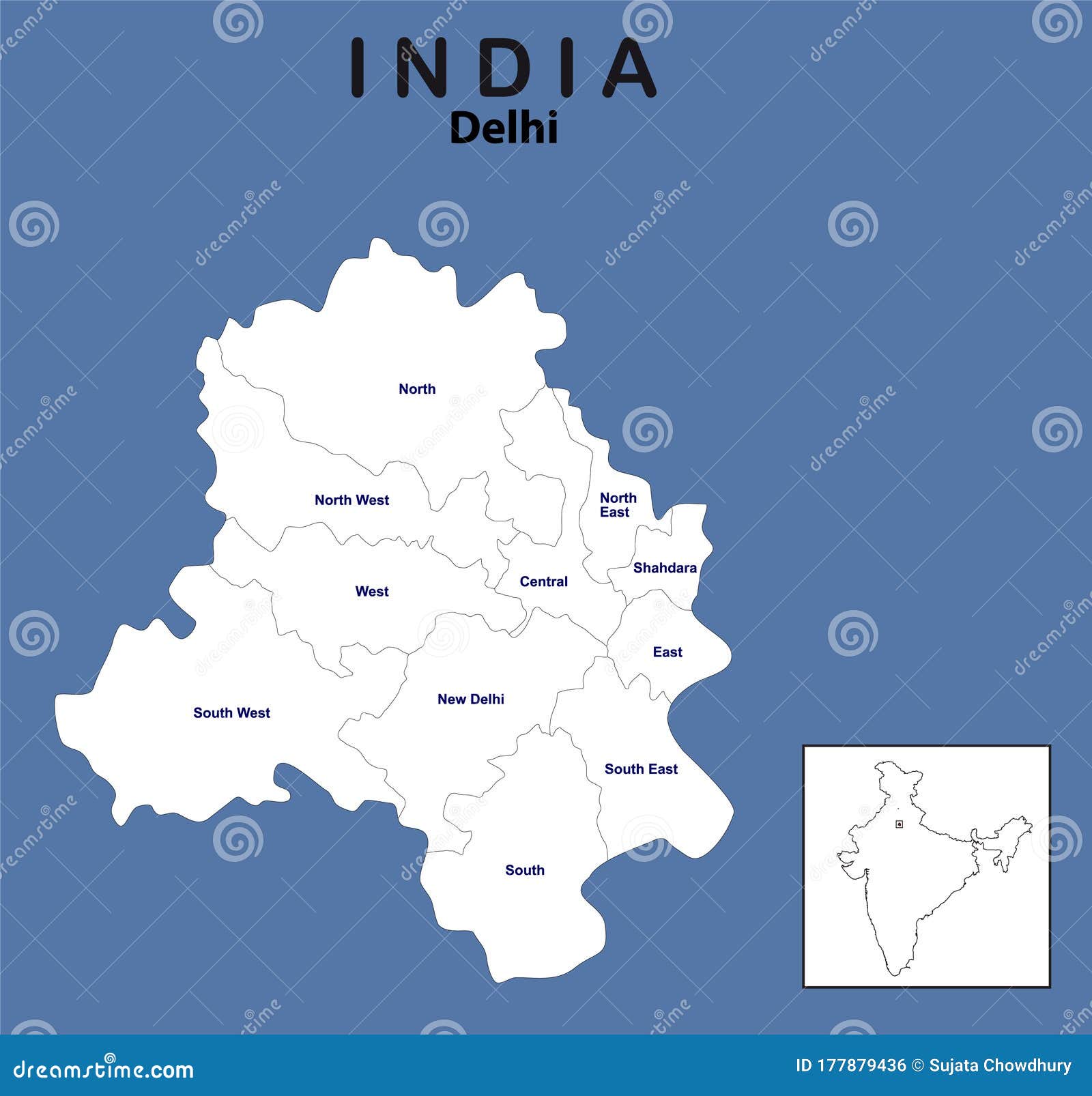 Delhi Map Outline. Vector Illustration of Delhi Map with District Name ...