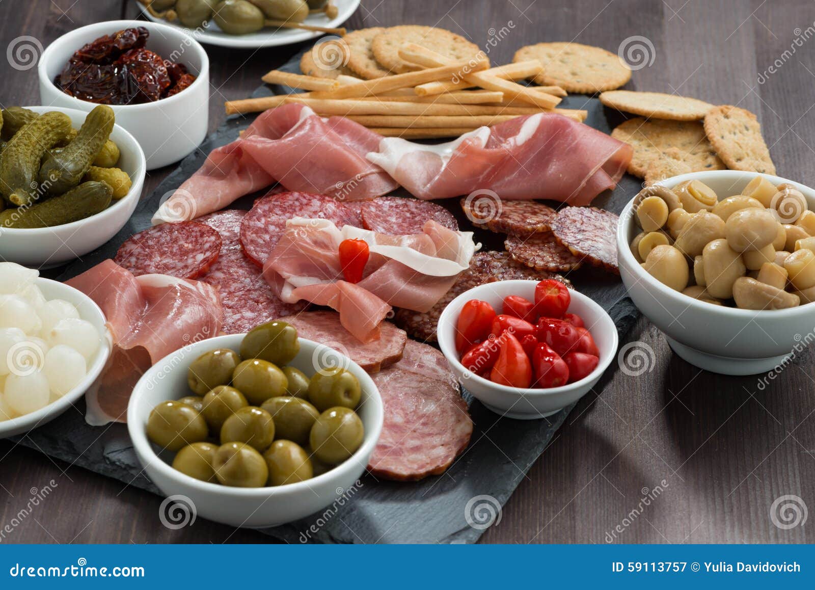 Deli Meat Snacks, Sausages and Pickles on a Blackboard Stock Image ...