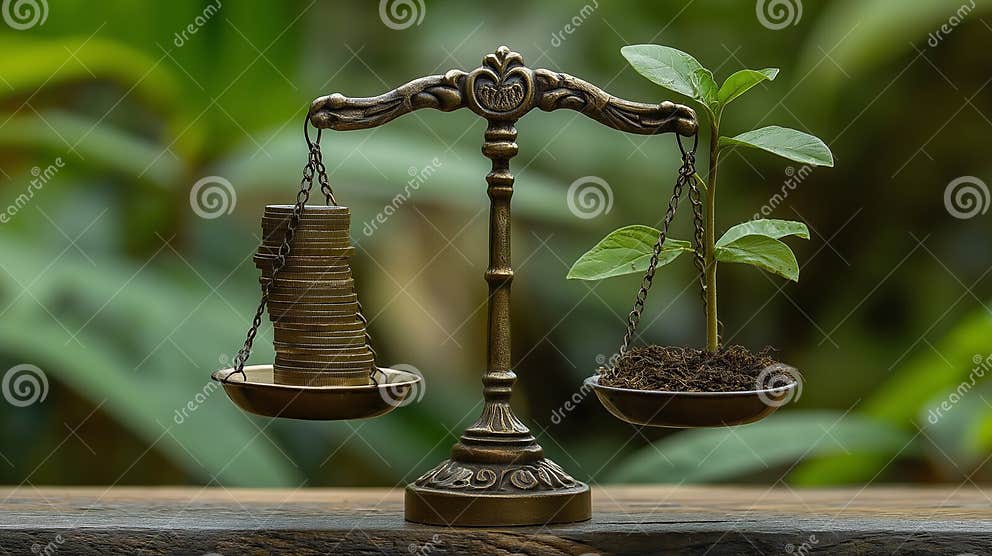 Delicate Balance Scale with a Stack of Coins on One Side and a Seedling ...