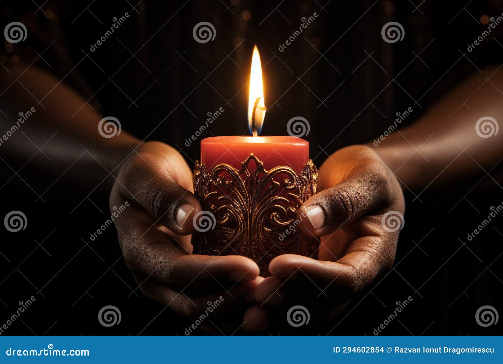 Hands Cradling a Candle, with Its Soft, Warm Glow As the Sole Source of ...