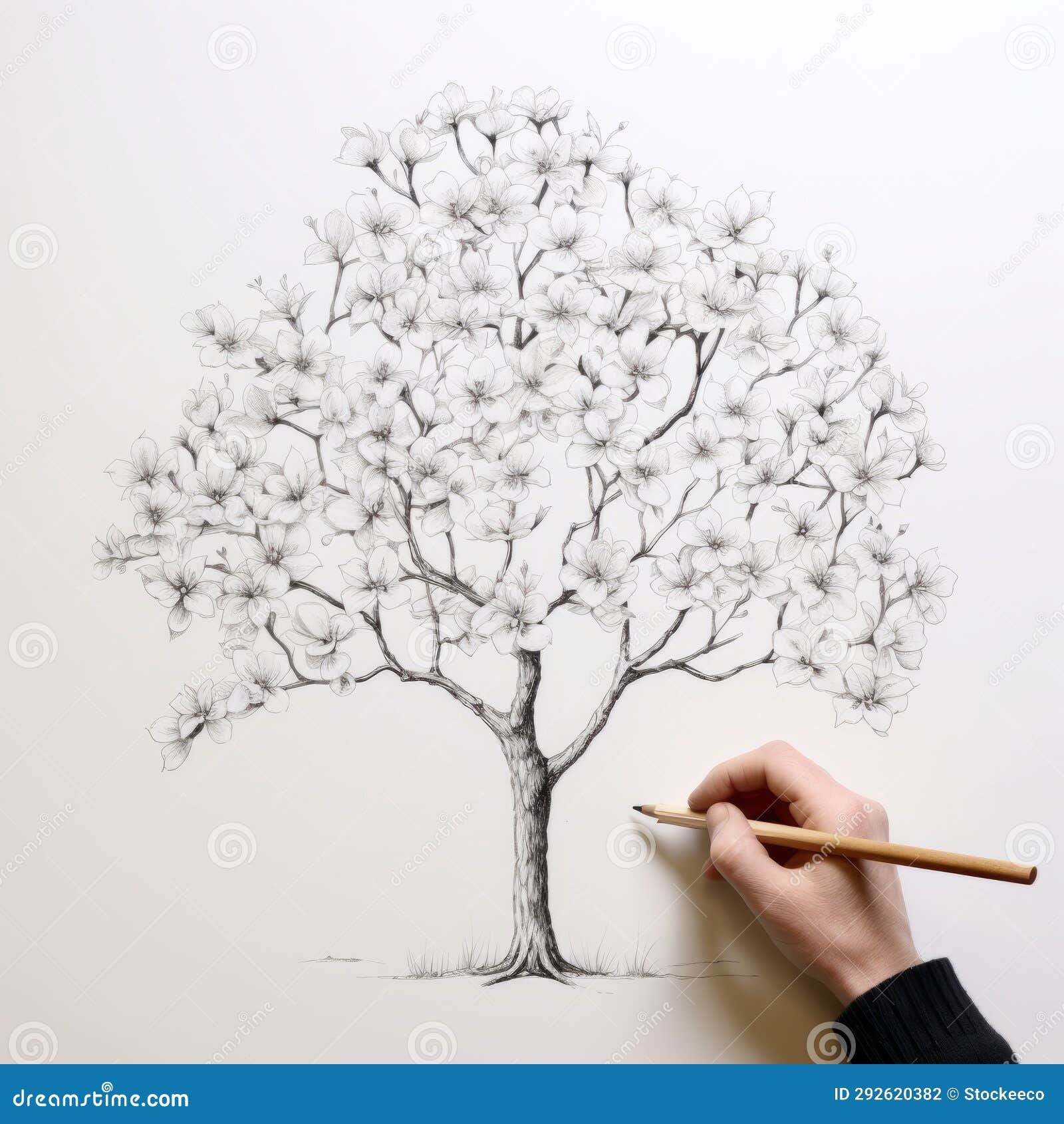 Delicate Black And White Tree Drawing With Nature-inspired Patterns ...