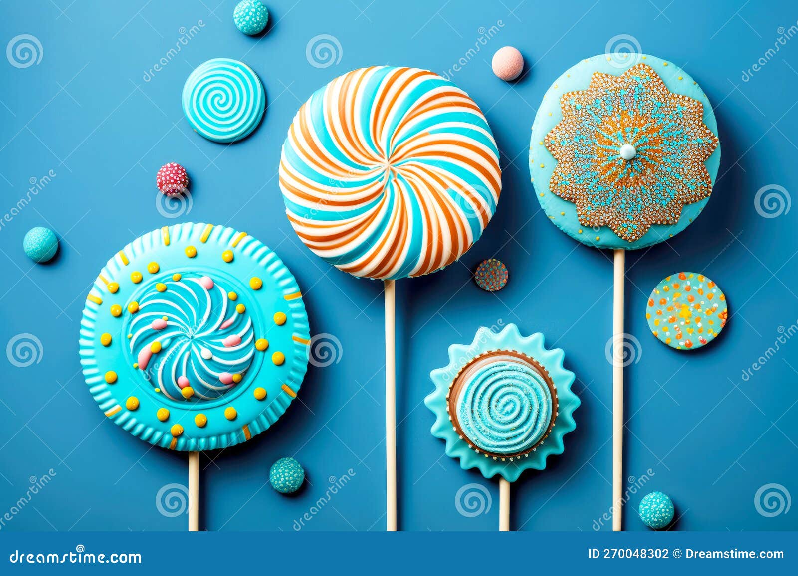 Delicate Bright Handmade Lollipops with Various Patterns on Blue ...