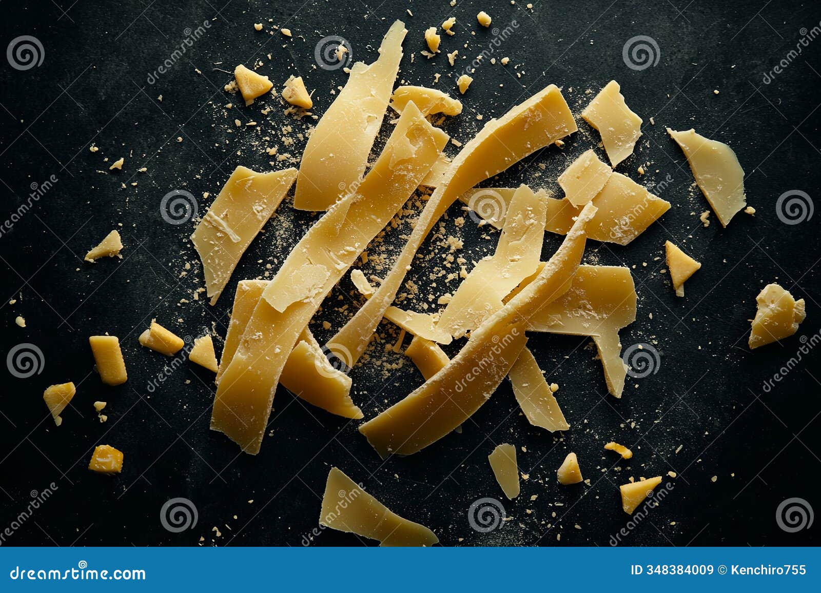 Delicate Cheese Shards Scattered on Dark Surface, Showcasing Texture ...