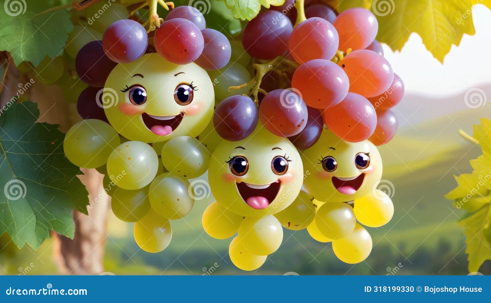 A Delicate Cluster of Grapes with Cute Faces Hanging from Stem with ...