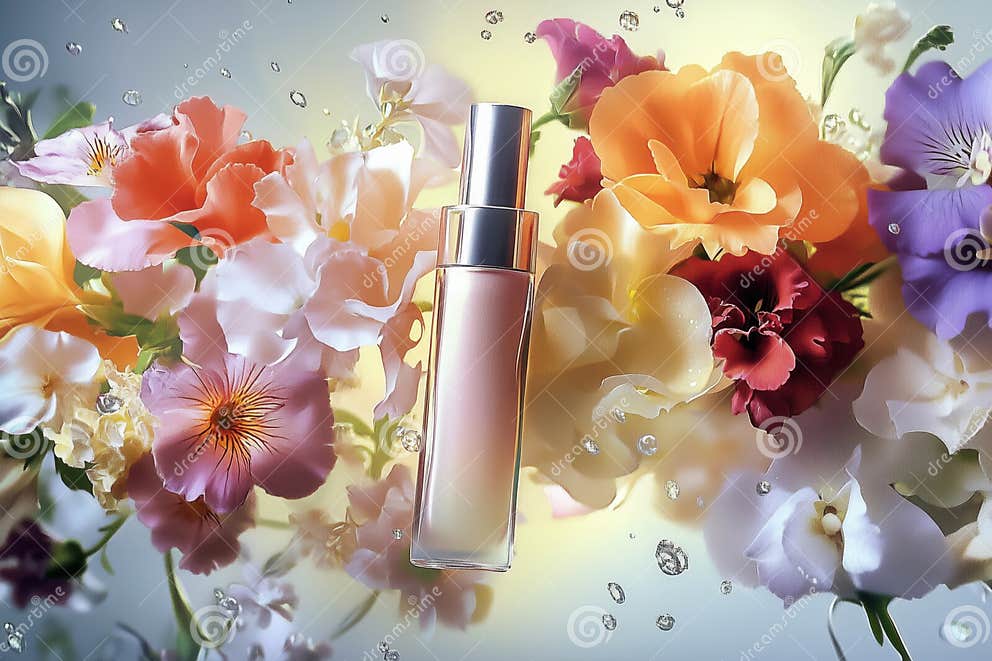 Delicate Empty Makeup Setting Spray Bottle, Surrounded by Fresh Spring ...